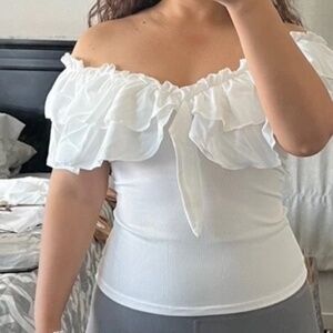 Tops | Plus White Ruffle Front Tie Off Shoulder Top | Poshmark